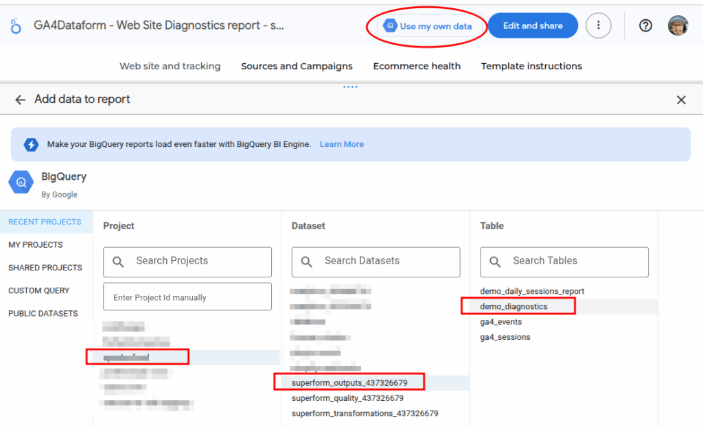 Web site diagnostics dashboard - GA4Dataform